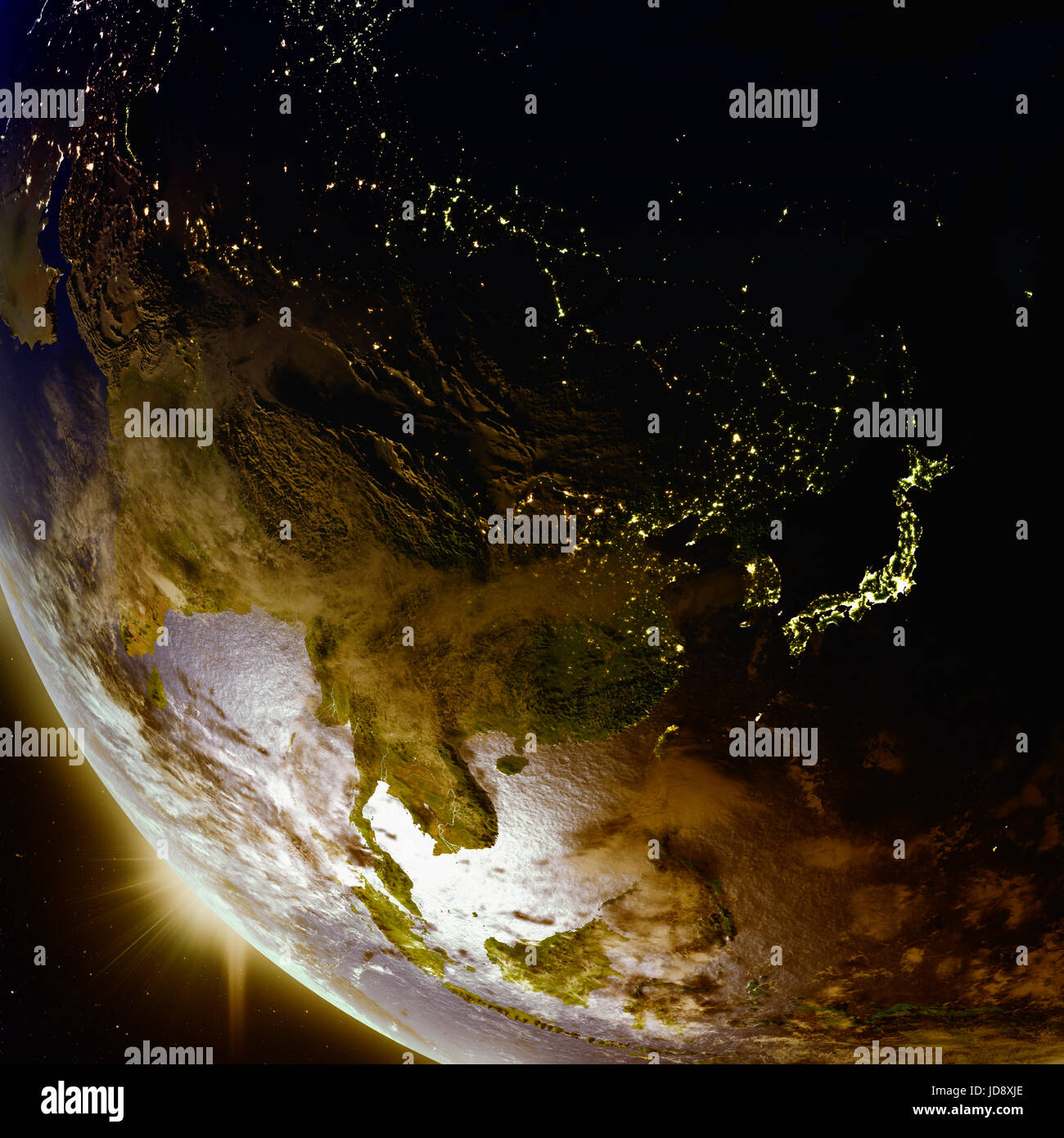 Sunset above East Asia as seen from Earth's orbit in space. 3D ...
