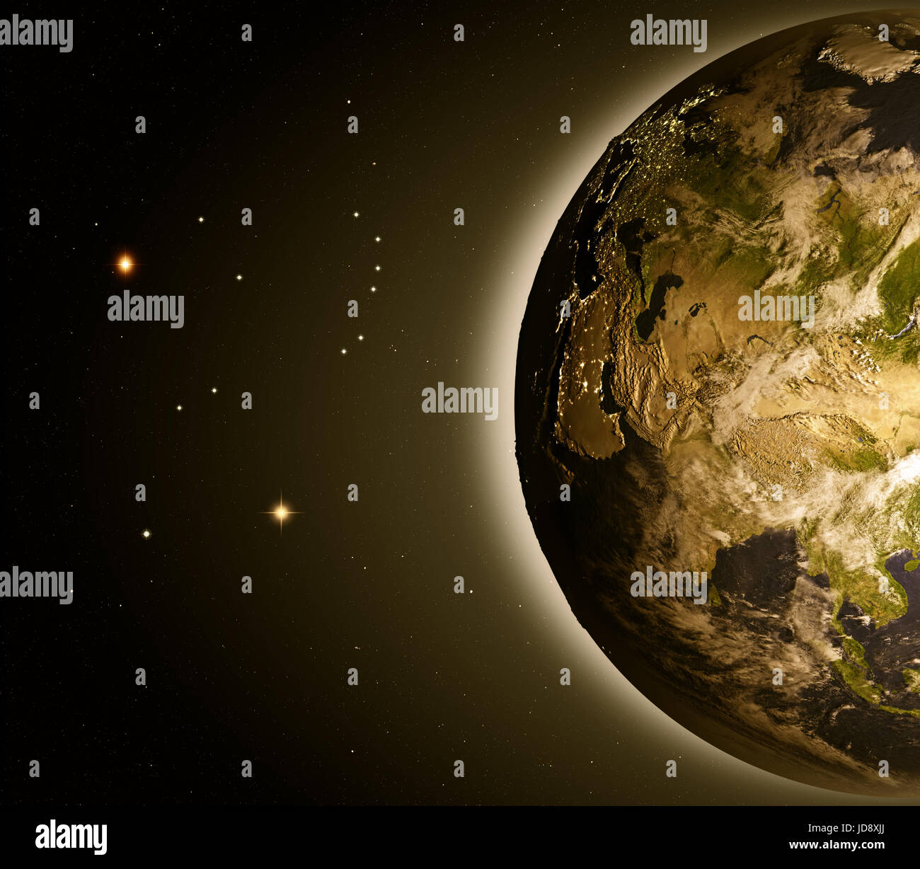 Central Asia at dawn from Earth's orbit in space. 3D illustration with ...