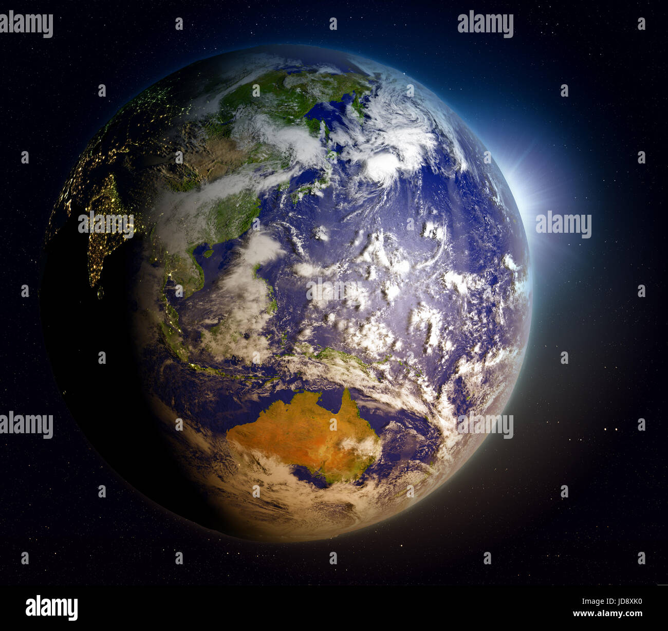 Sunrise above planet Earth facing East Asia. 3D illustration with ...