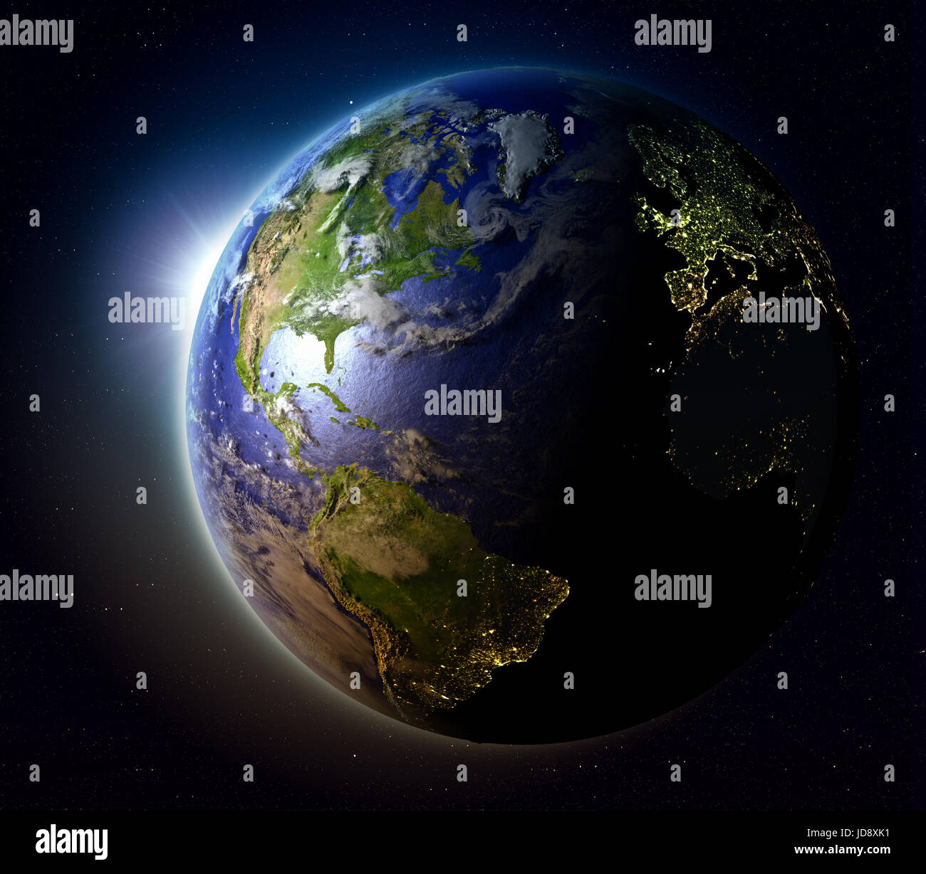 Northern Hemisphere With Sun Setting Below The Horizon Of Planet Earth In Space 3d Illustration