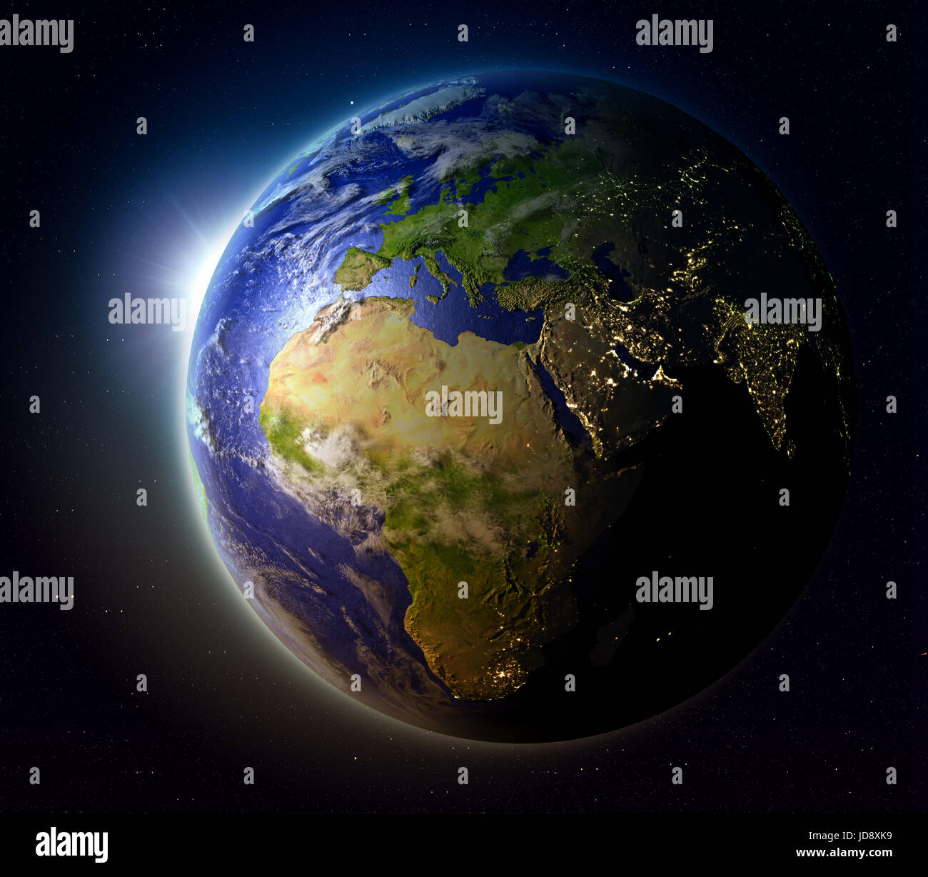 EMEA region with sun setting below the horizon of planet Earth in space ...