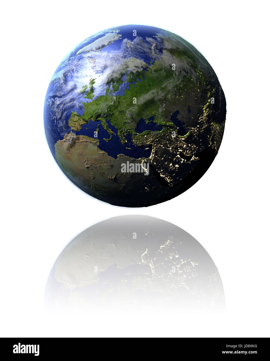 Model of planet Earth facing Europe hovering above reflective bright ...