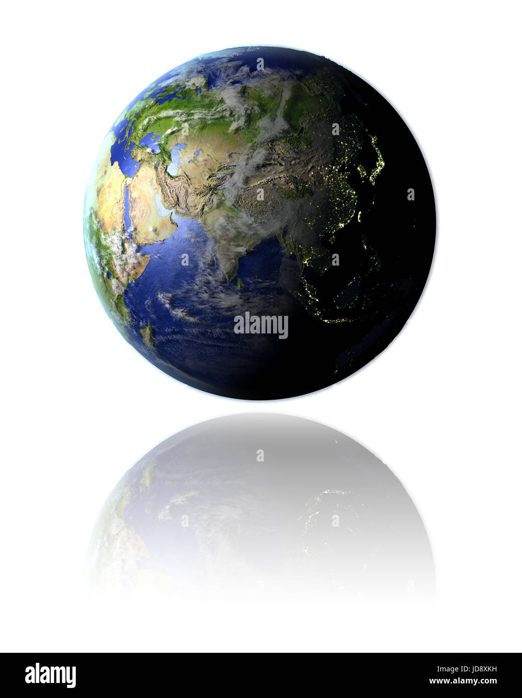 Model of planet Earth facing Asia hovering above reflective bright ...