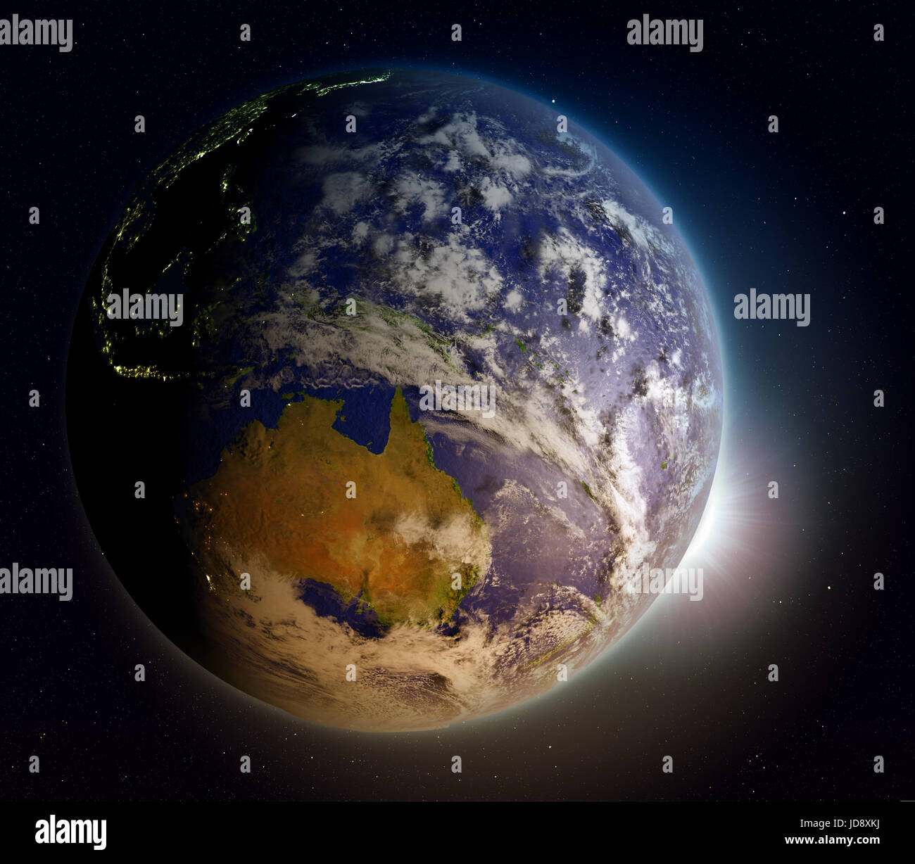 Sunrise above planet Earth facing Australia. 3D illustration with ...
