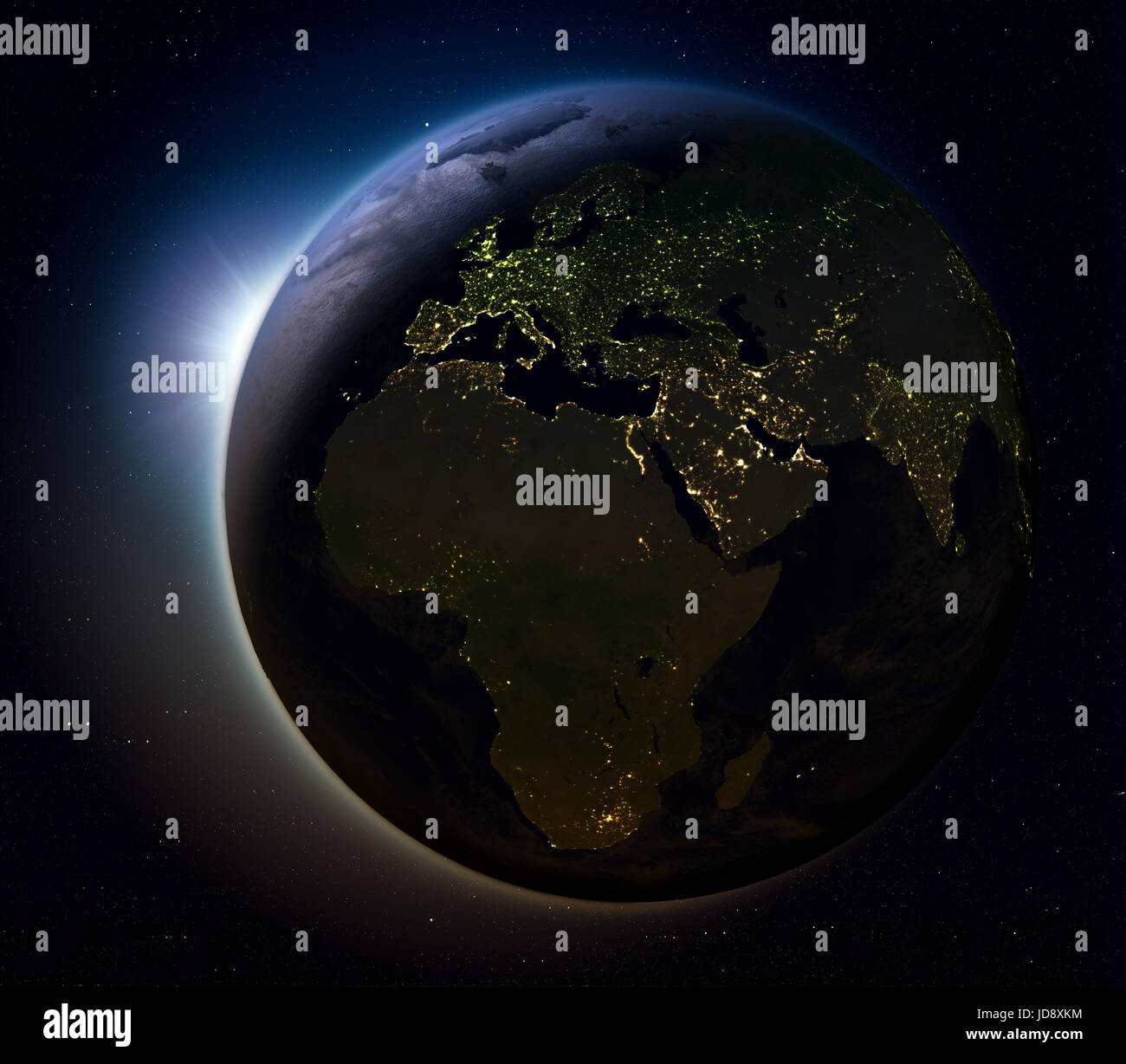 Sun rising above EMEA region on planet Earth as seen from space. 3D ...