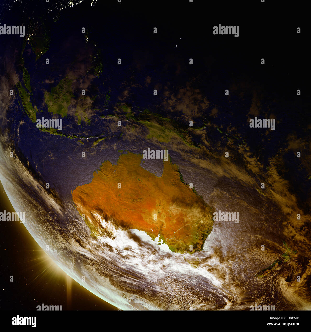 Sunset above Australia as seen from Earth's orbit in space. 3D ...