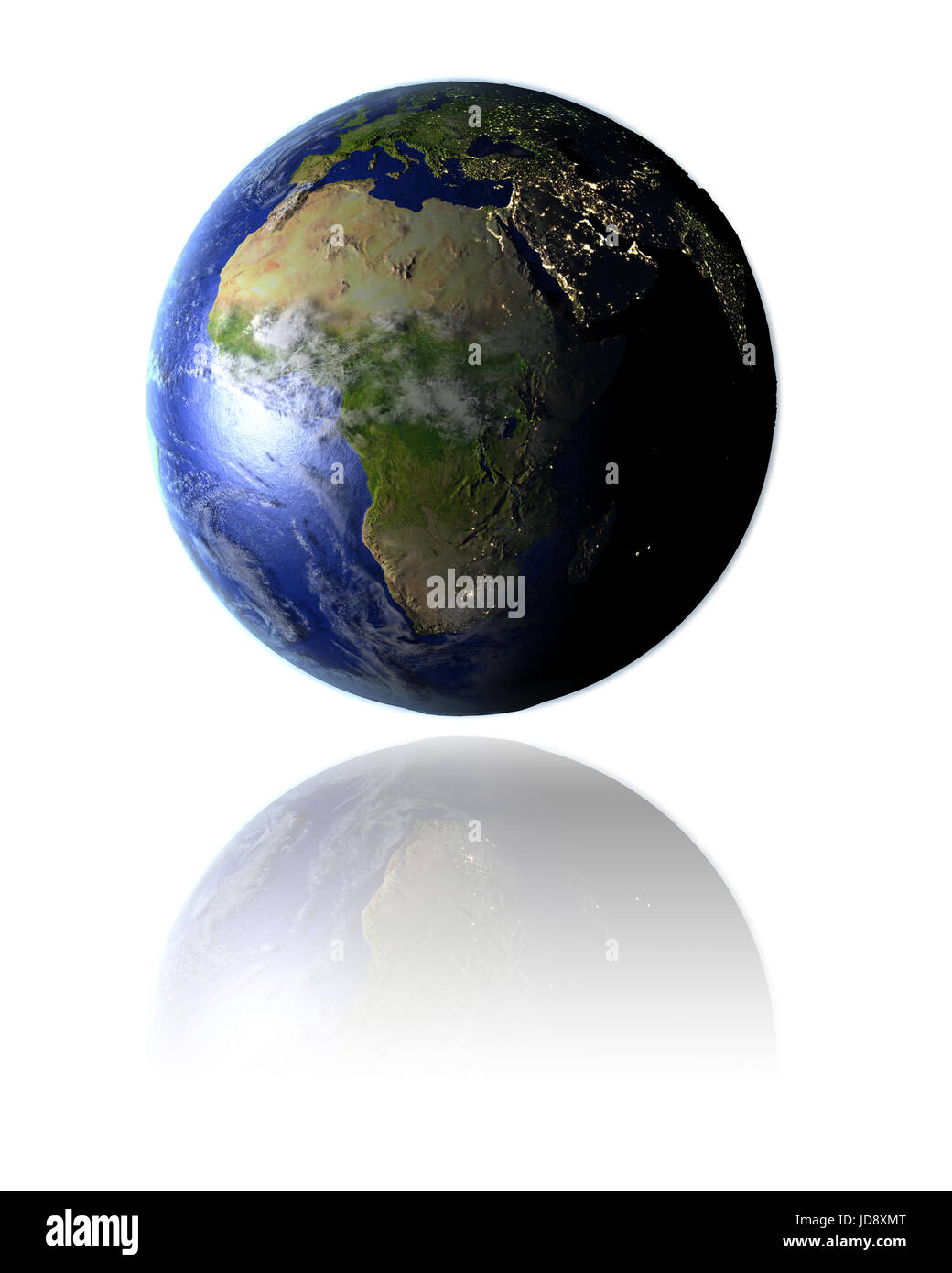 Model of planet Earth facing Africa hovering above reflective bright ...
