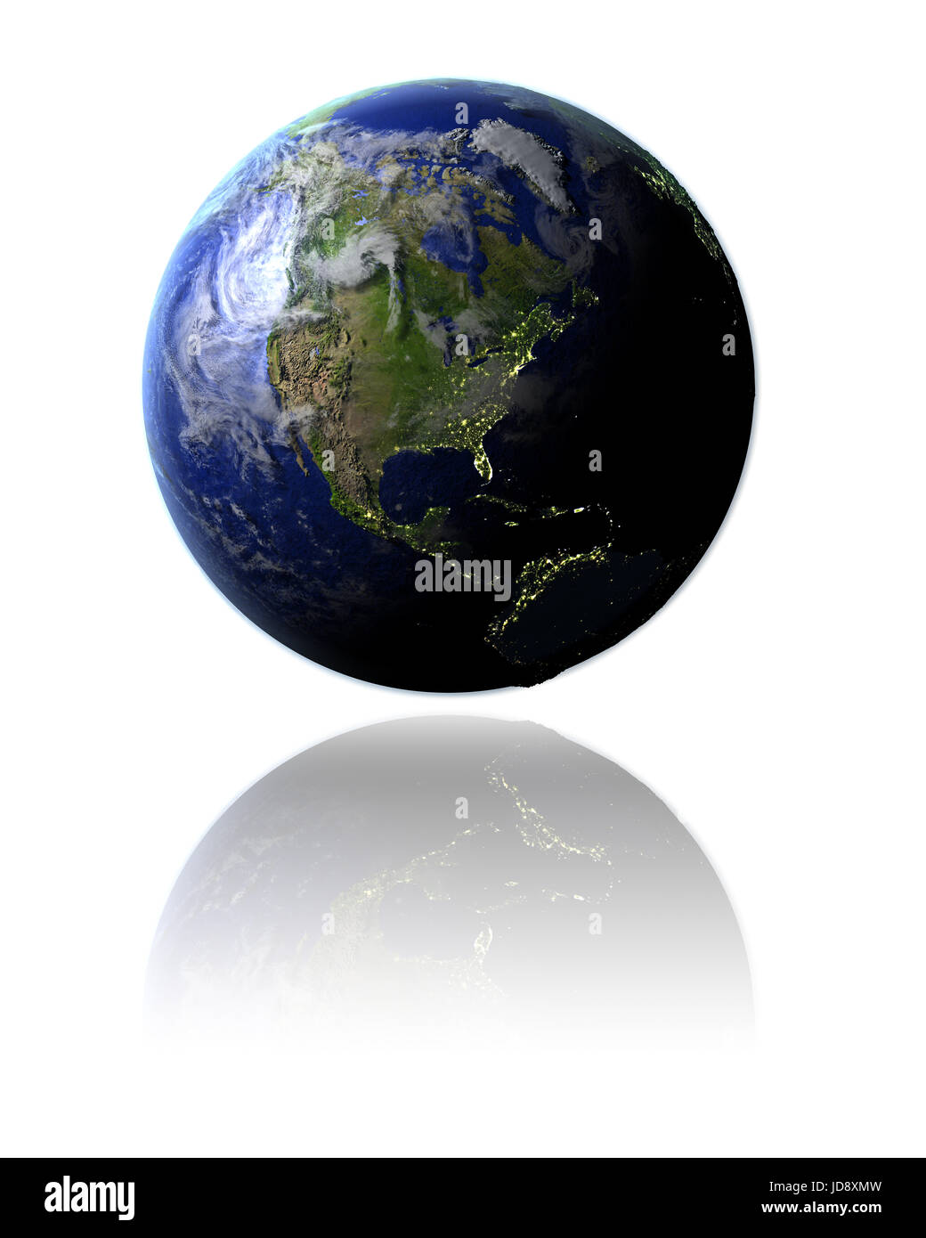 Model of planet Earth facing North America hovering above reflective ...