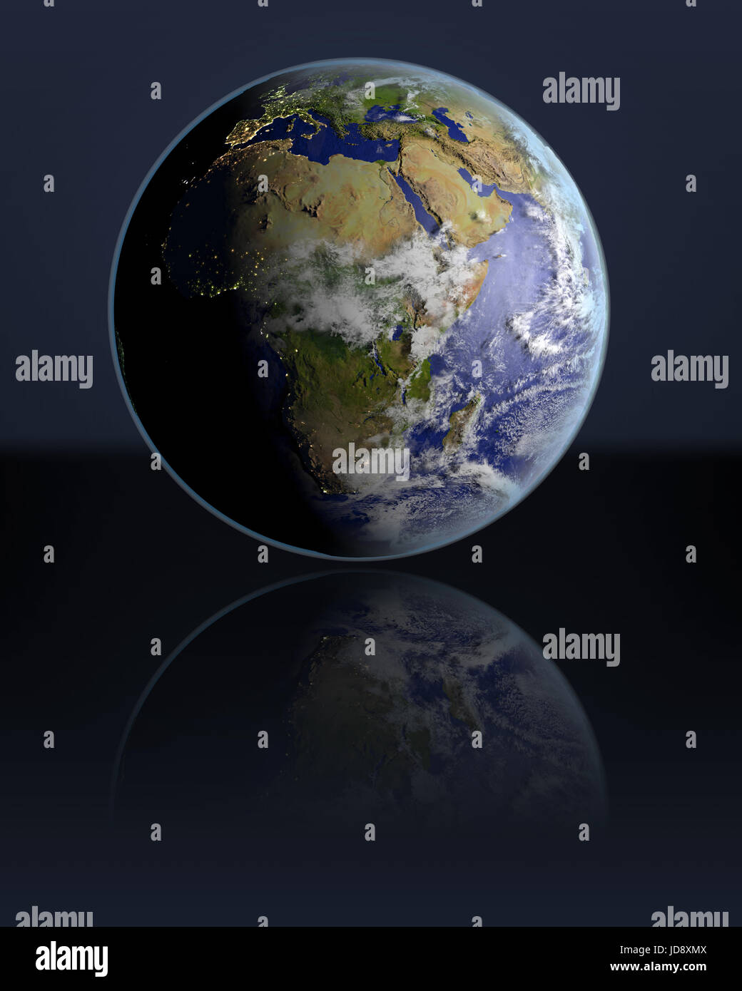 Planet Earth Hovering Above Dark Reflective Surface Facing Africa 3d
