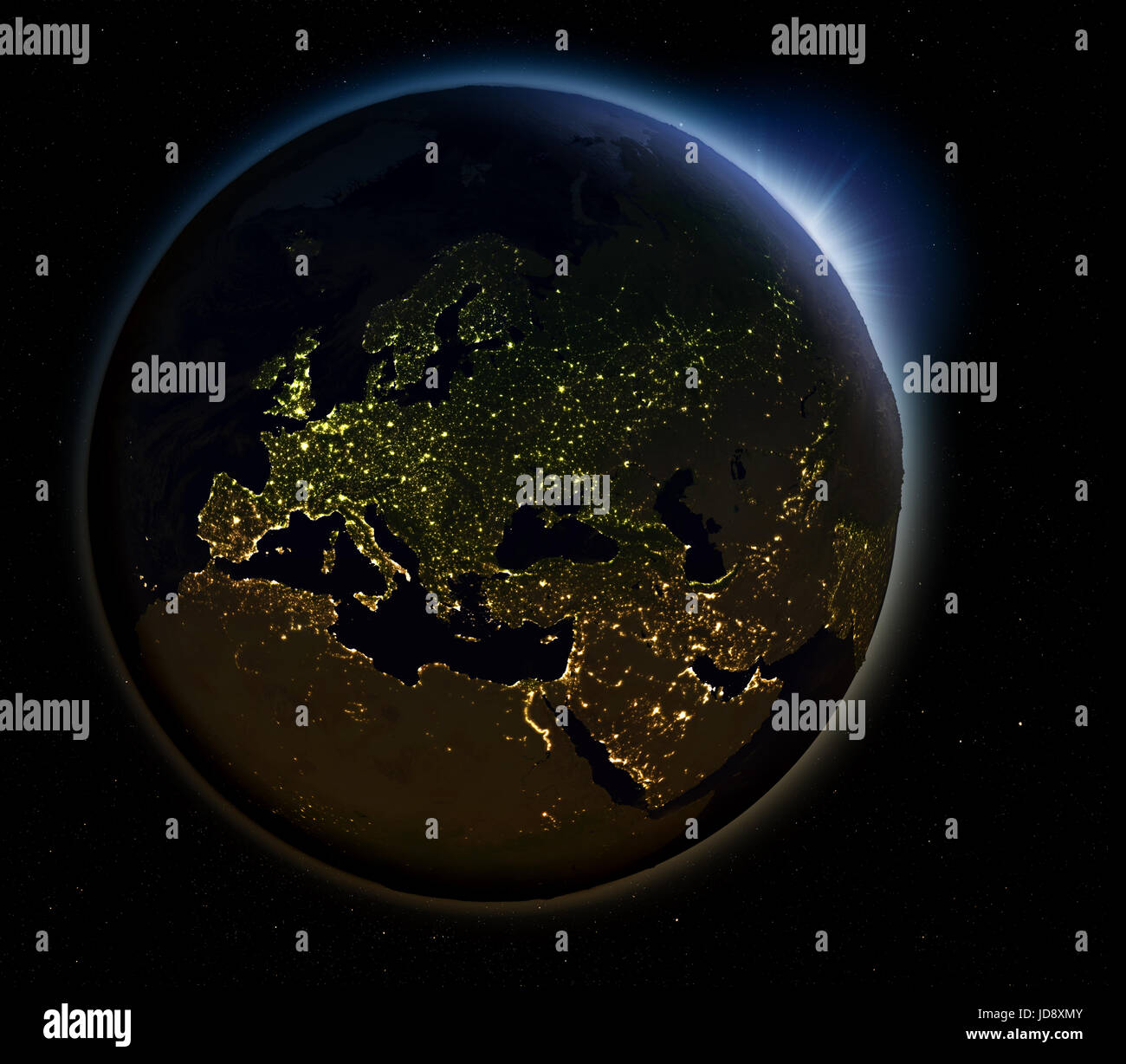 Sun rising above Europe on planet Earth as seen from space. 3D ...