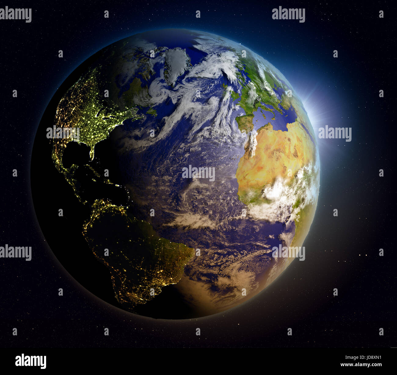 Sunrise above planet Earth facing Northern Hemisphere. 3D illustration ...