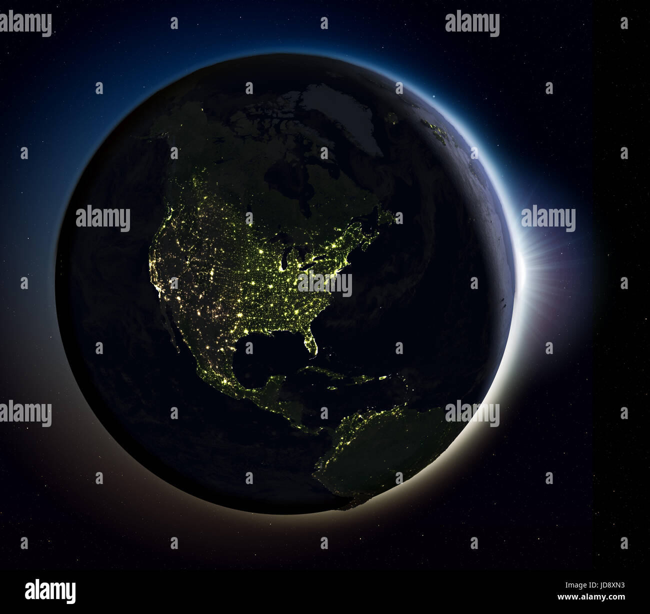 Sun rising above North America on planet Earth as seen from space. 3D ...