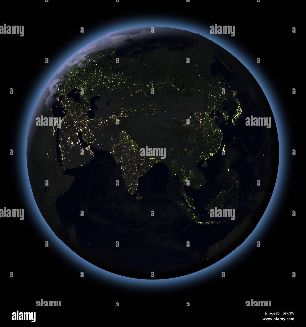 Asia at night from Earth's orbit in space. 3D illustration with ...