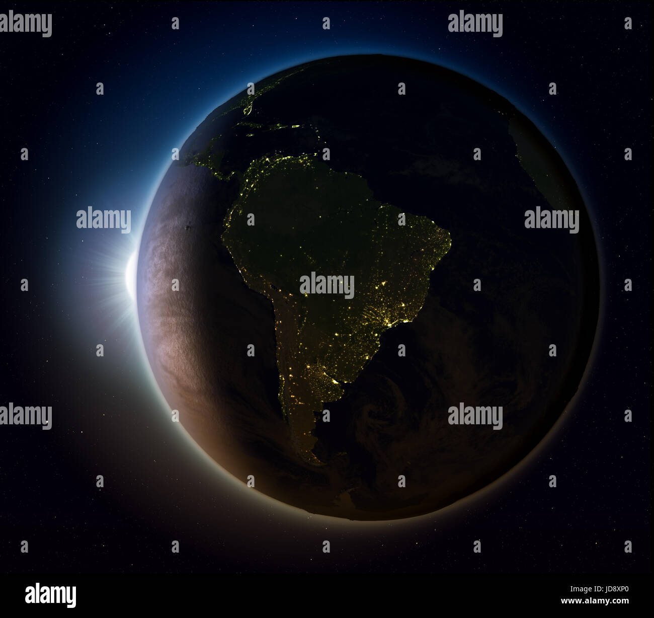 Sun rising above South America on planet Earth as seen from space. 3D ...