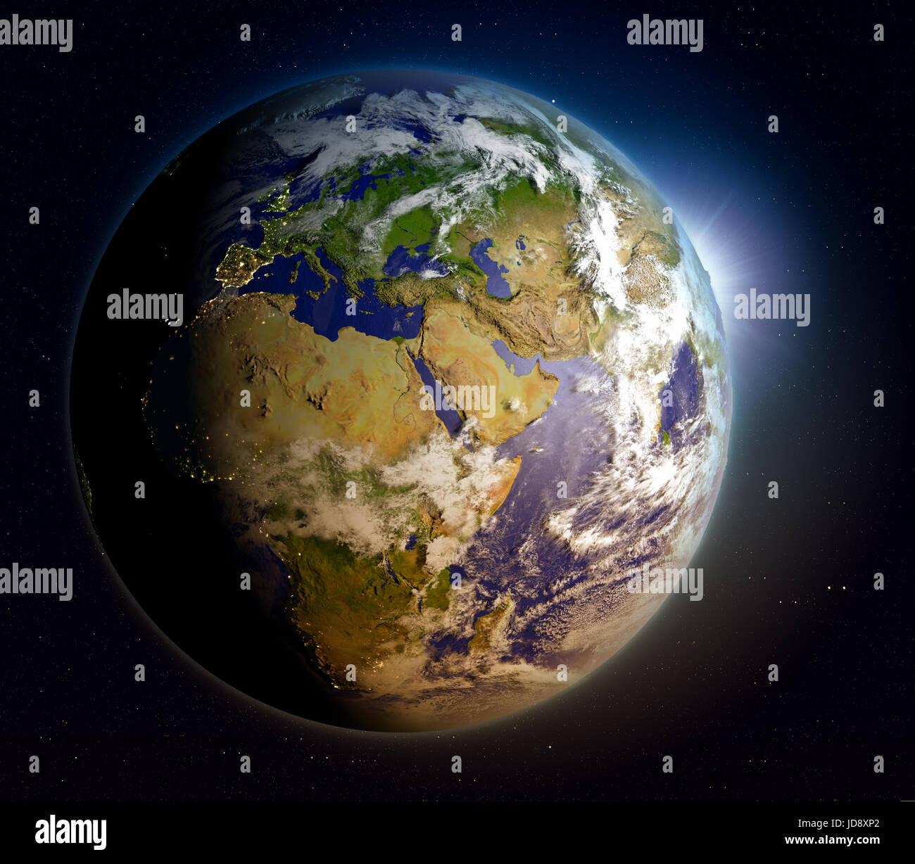 Sunrise above planet Earth facing EMEA region. 3D illustration with ...
