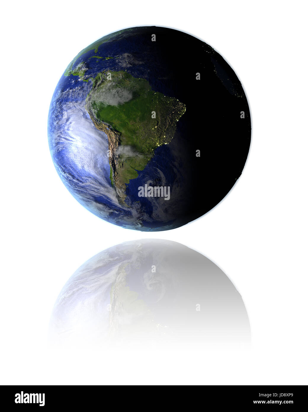 Model of planet Earth facing South America hovering above reflective ...