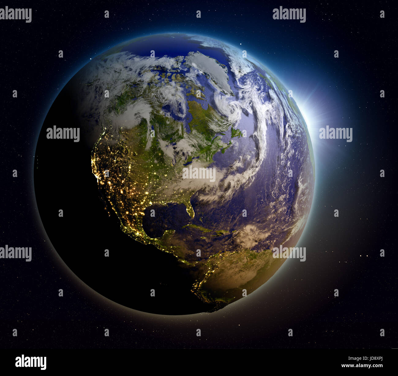 Sunrise above planet Earth facing North America. 3D illustration with ...