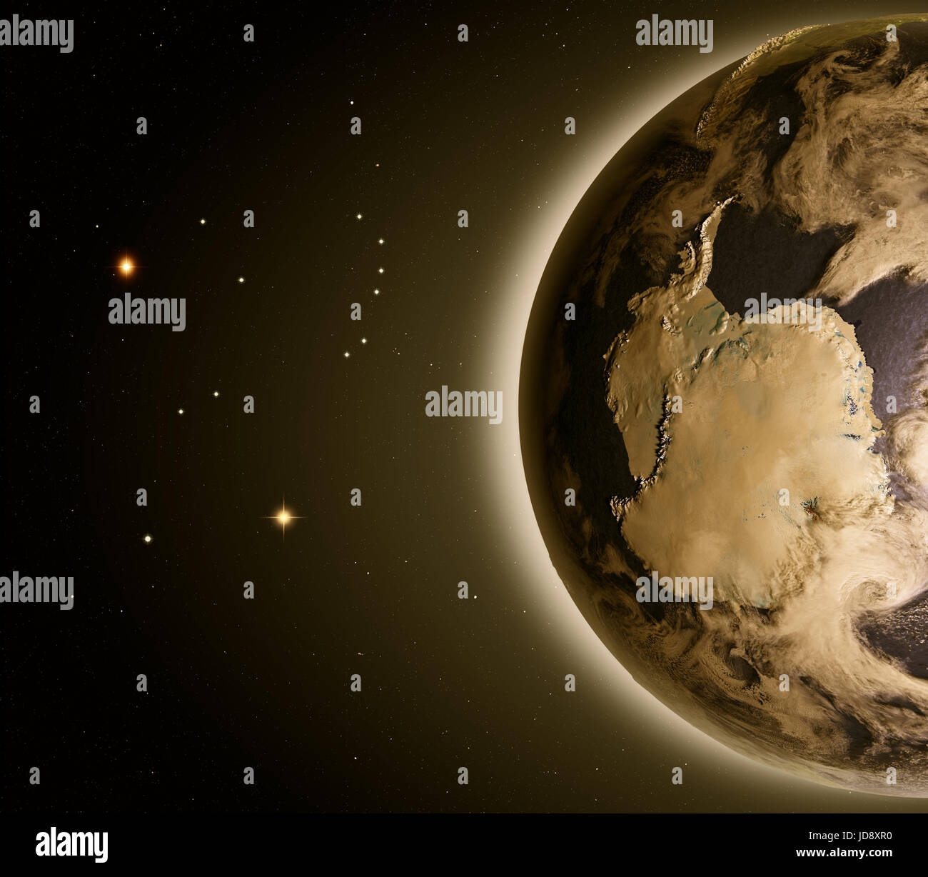 Antarctica at dawn from Earth's orbit in space. 3D illustration with ...