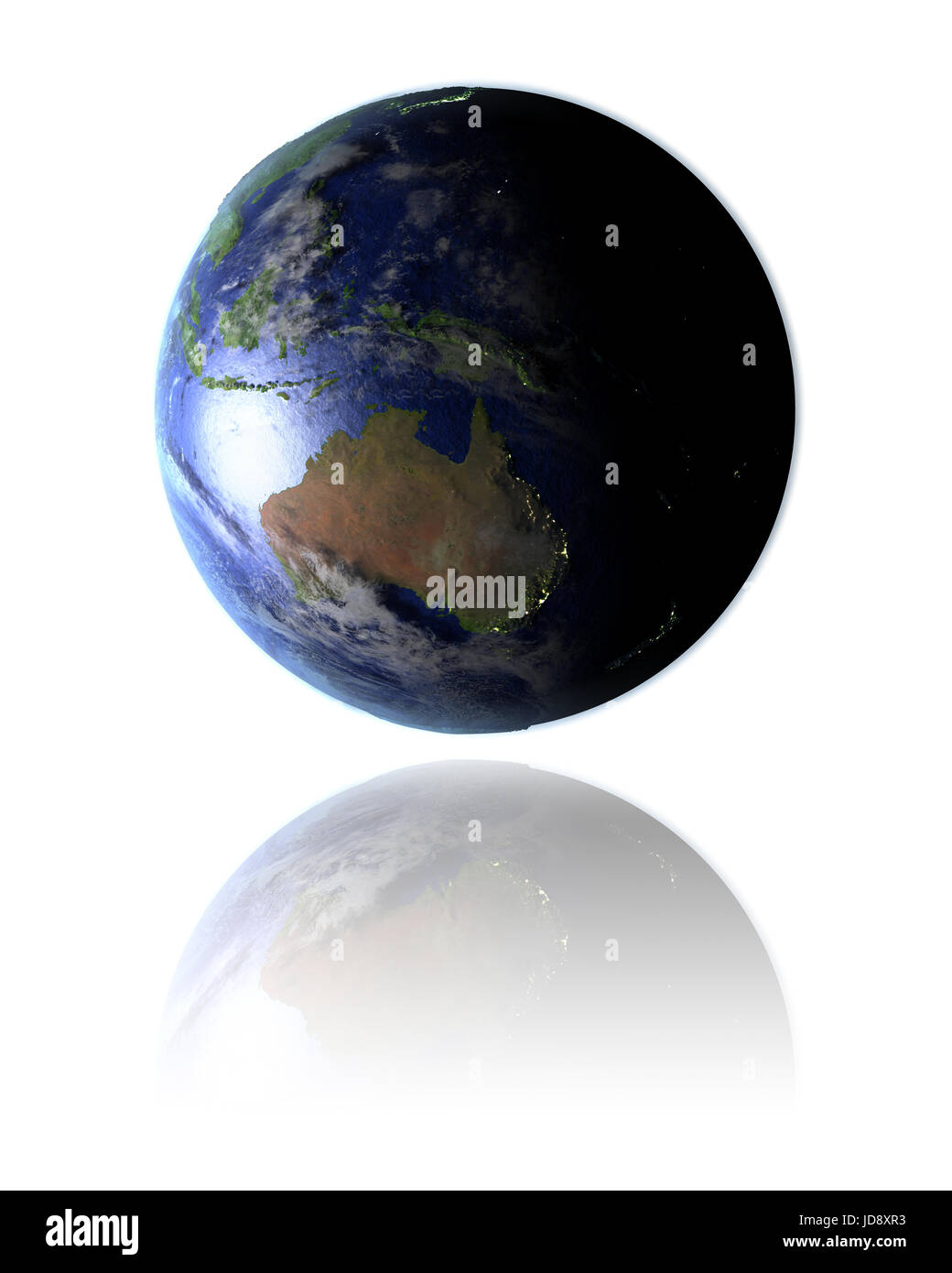 Model of planet Earth facing Australia hovering above reflective bright ...