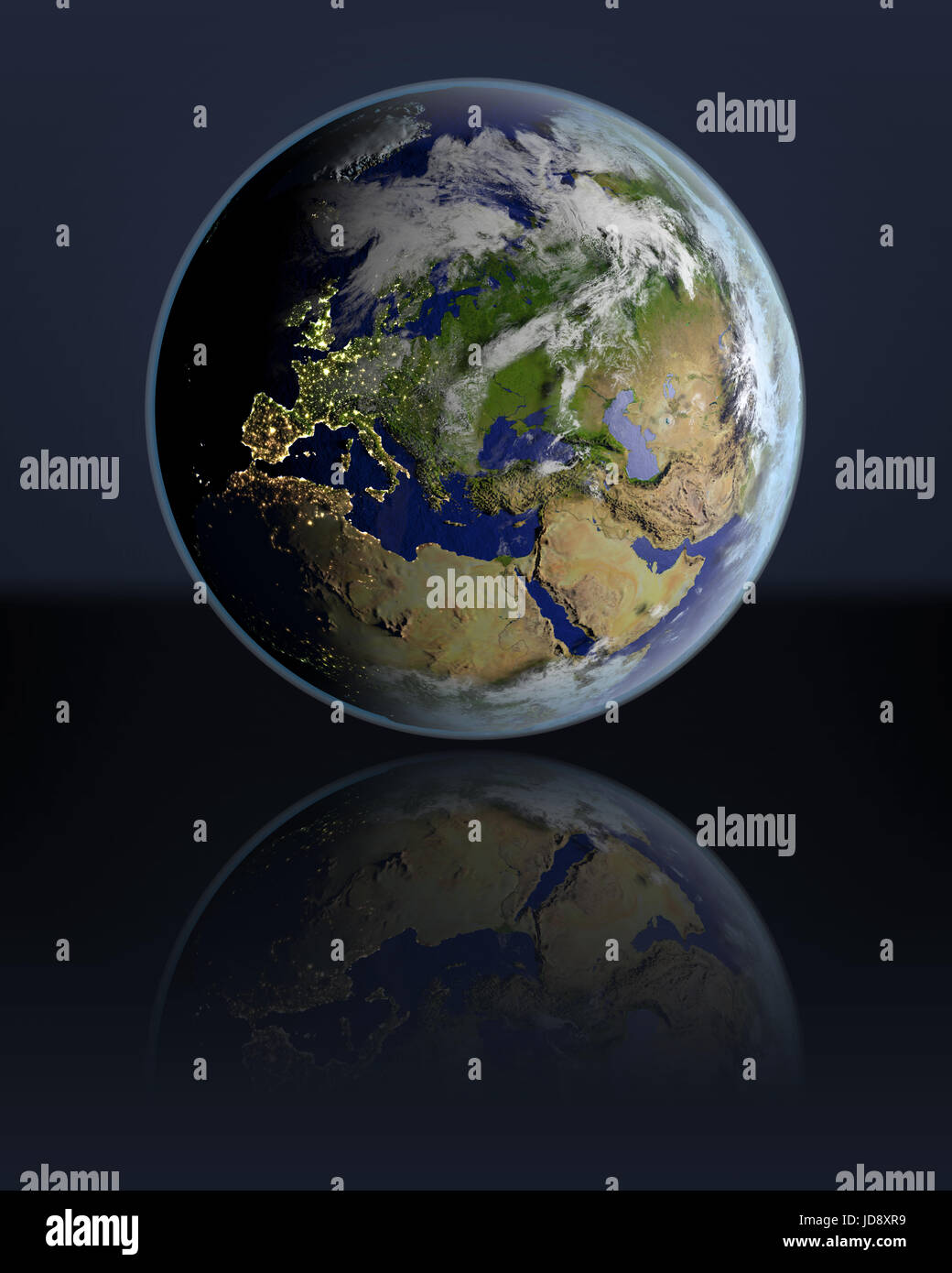 Planet Earth hovering above dark reflective surface facing Europe. 3D ...