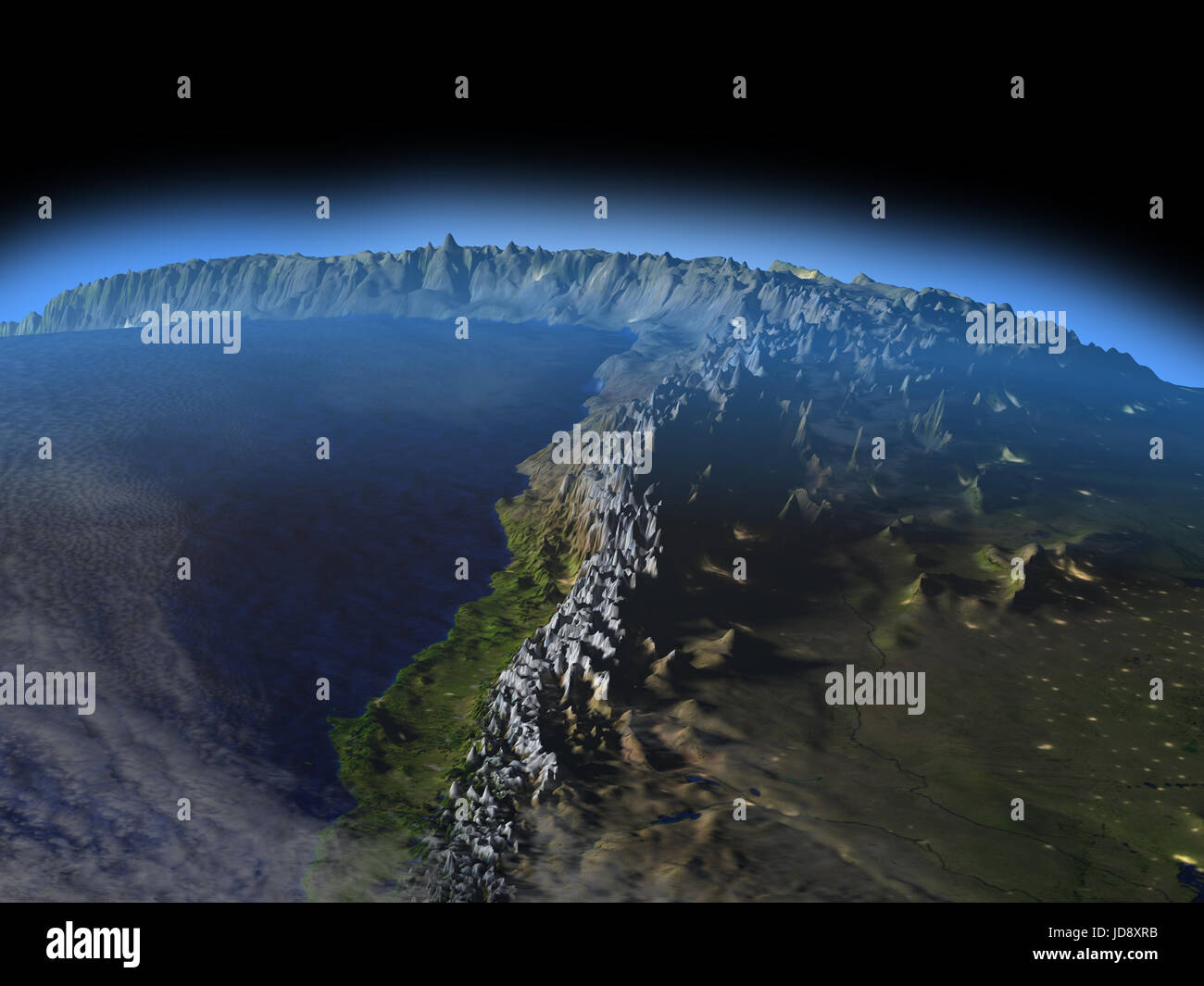 Altiplano in Andes at night as seen from Earth's orbit in space. 3D ...