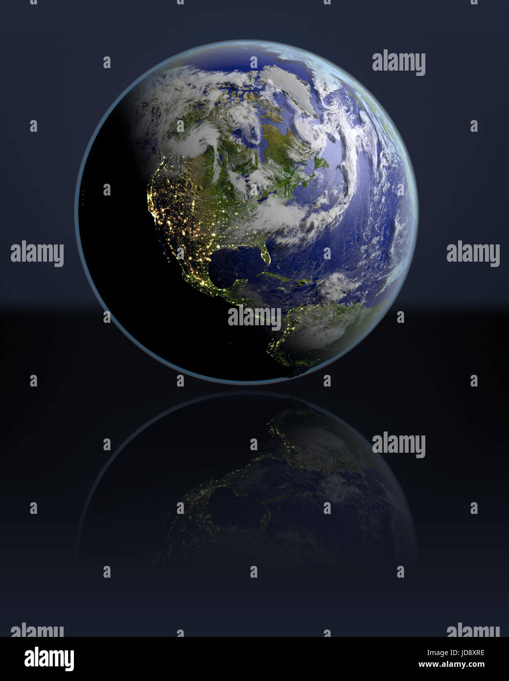 Planet Earth hovering above dark reflective surface facing North ...