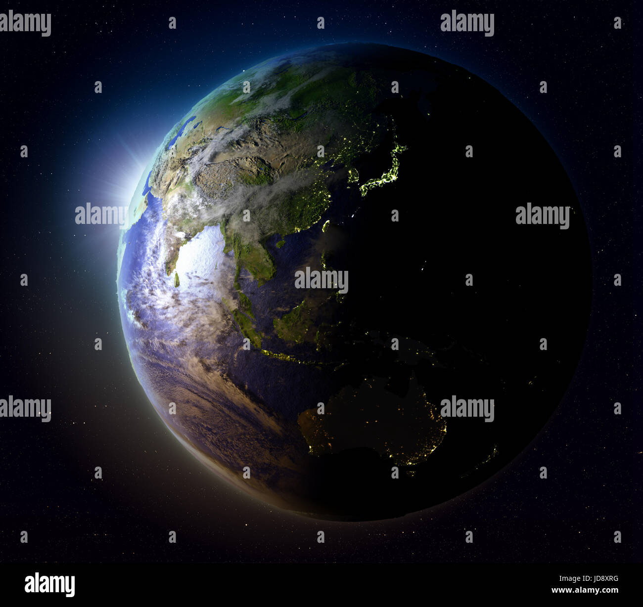 East Asia with sun setting below the horizon of planet Earth in space ...
