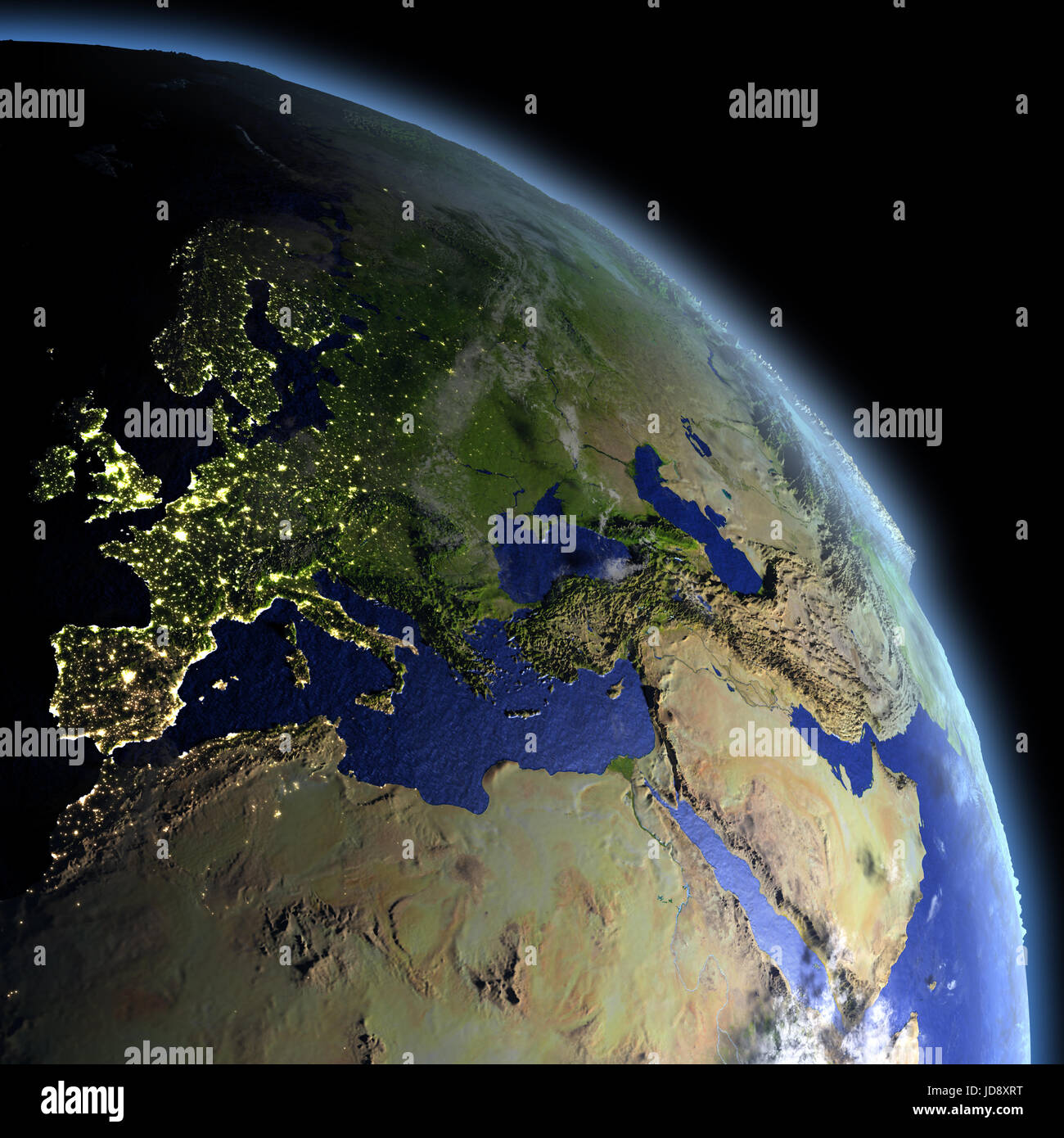EMEA region at dawn from Earth's orbit in space. 3D illustration with ...