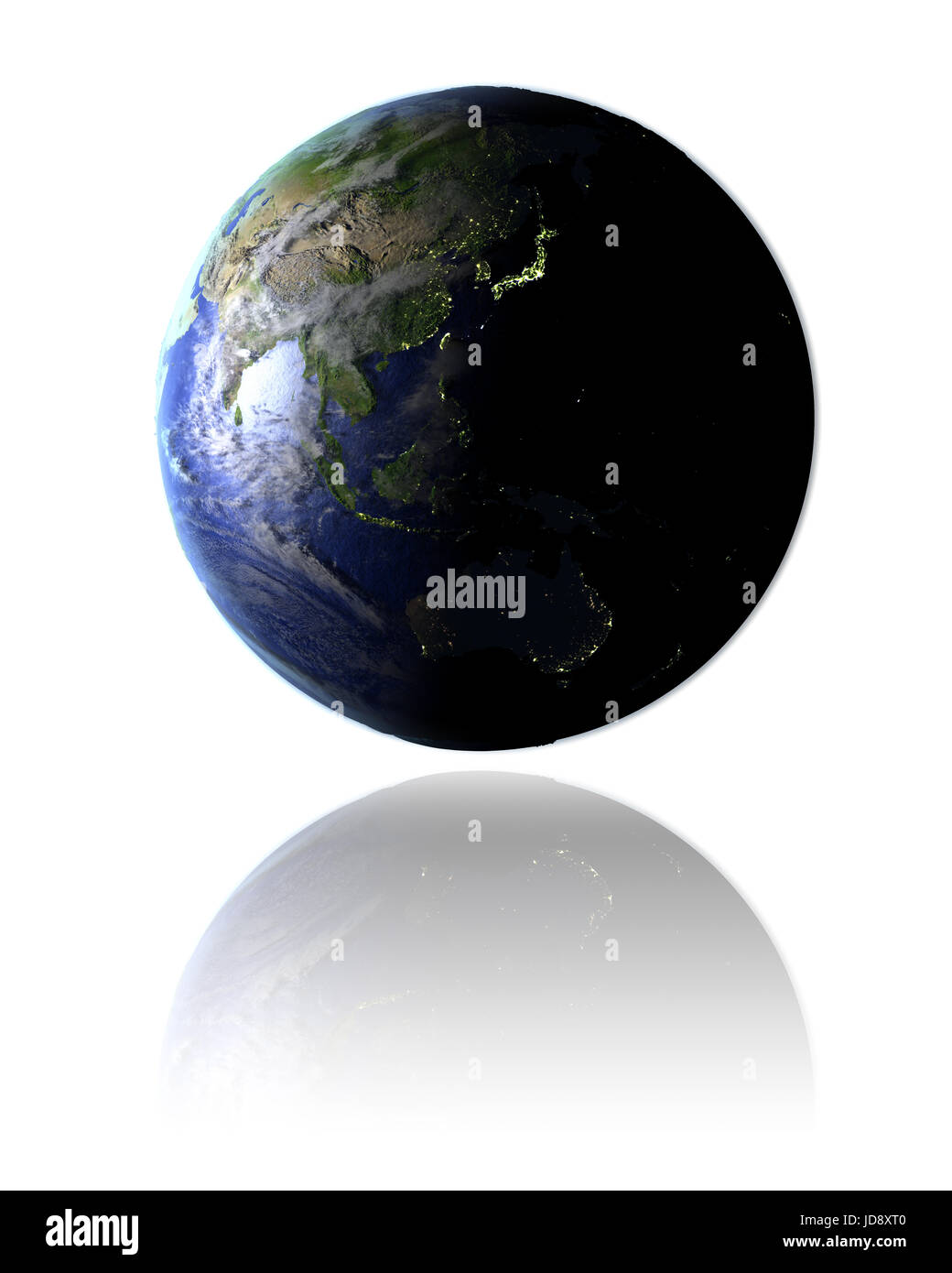 Model of planet Earth facing East Asia hovering above reflective bright ...