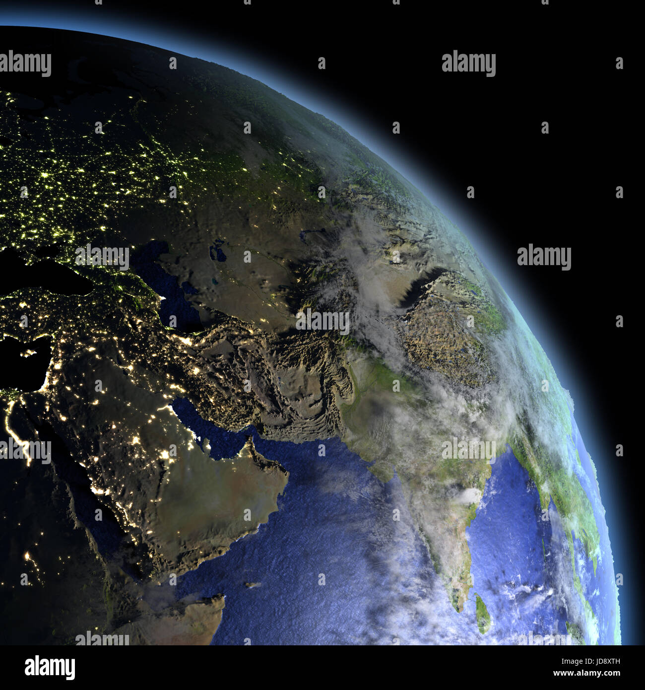 Middle East at dawn from Earth's orbit in space. 3D illustration with ...
