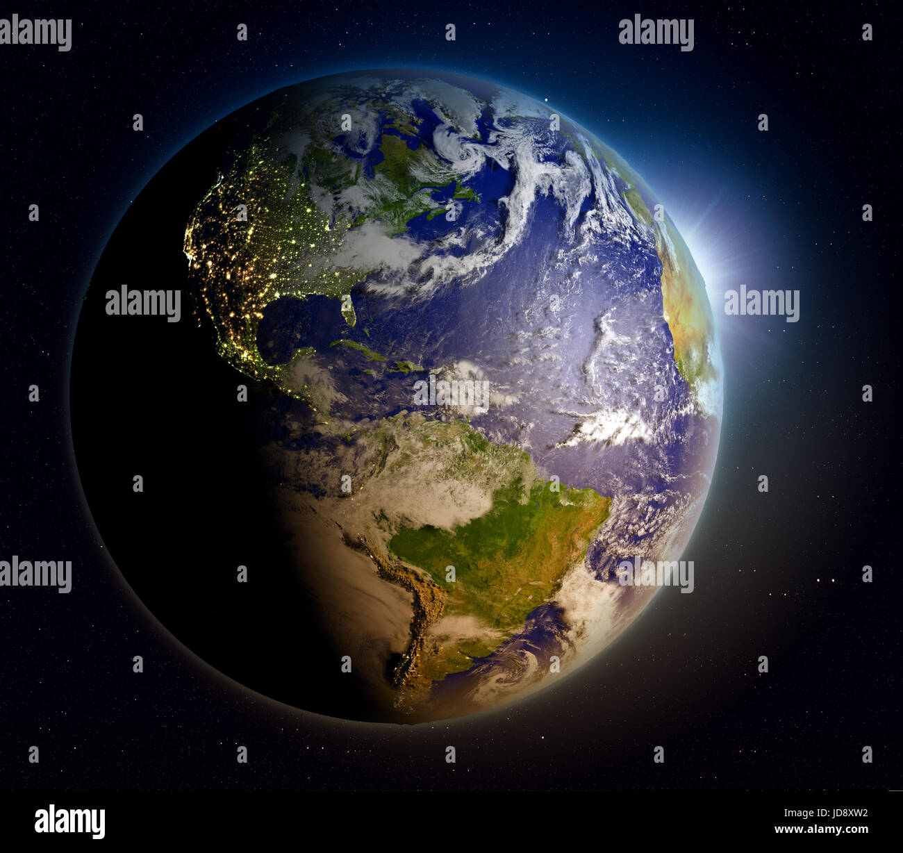 Sunrise above planet Earth facing Americas. 3D illustration with ...