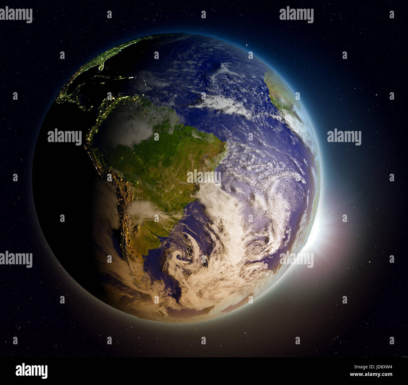 Sunrise above planet Earth facing South America. 3D illustration with ...