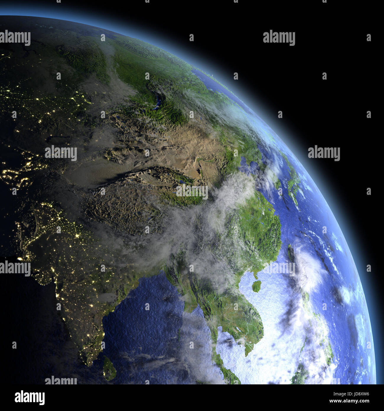 Southeast Asia at dawn from Earth's orbit in space. 3D illustration ...