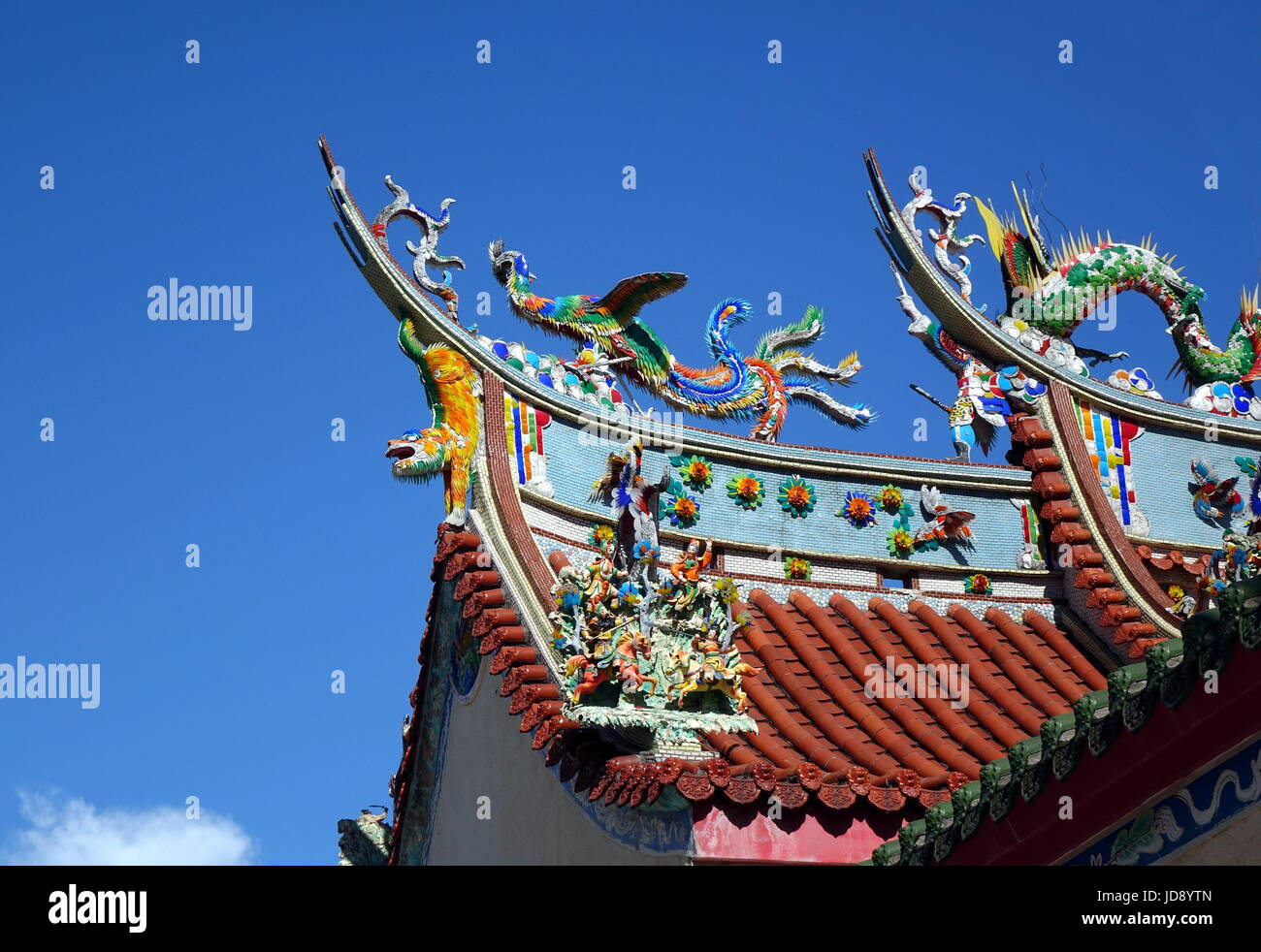 Chinese temple roof ridge decorated with mythological beasts Stock ...