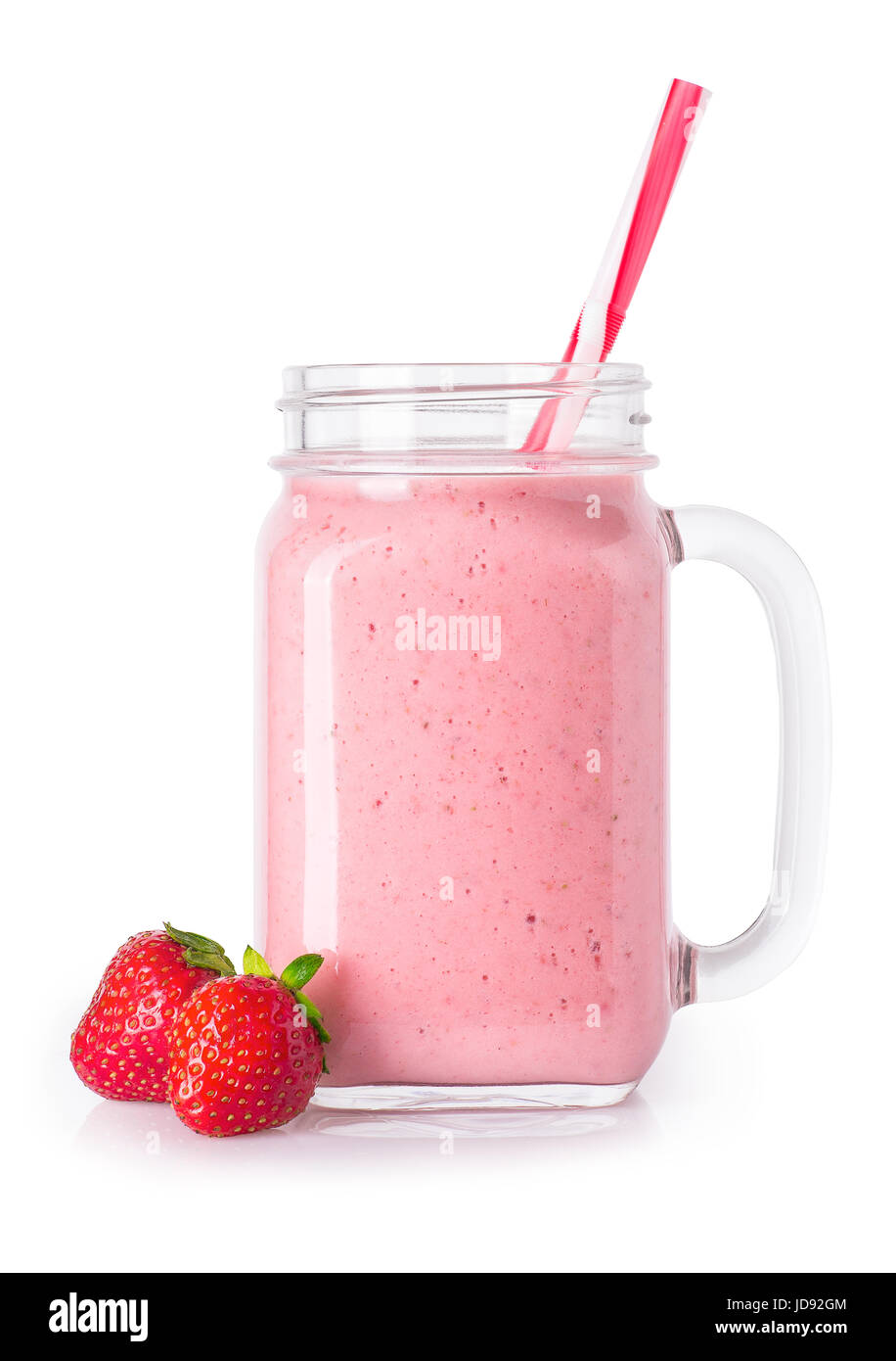 strawberry smoothie with straw in mason jar and fresh ripe strawberries ...