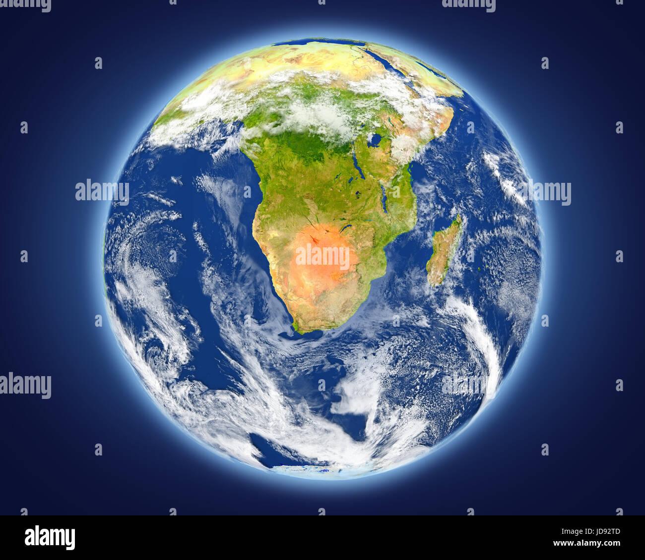 Botswana highlighted in red on planet Earth. 3D illustration with detailed planet surface ...