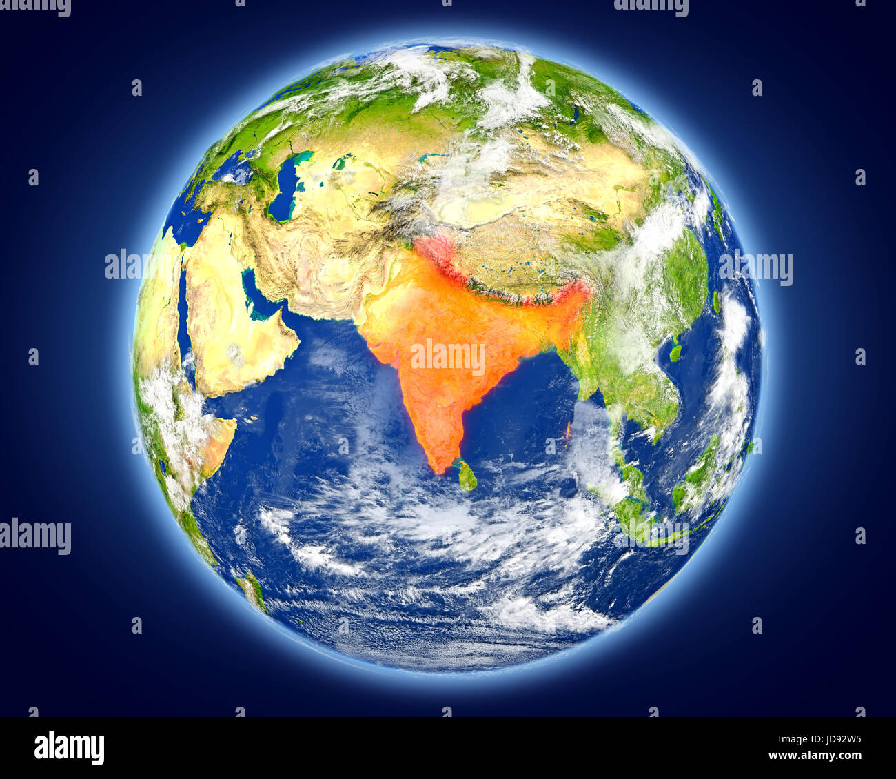 India highlighted in red on planet Earth. 3D illustration with detailed ...