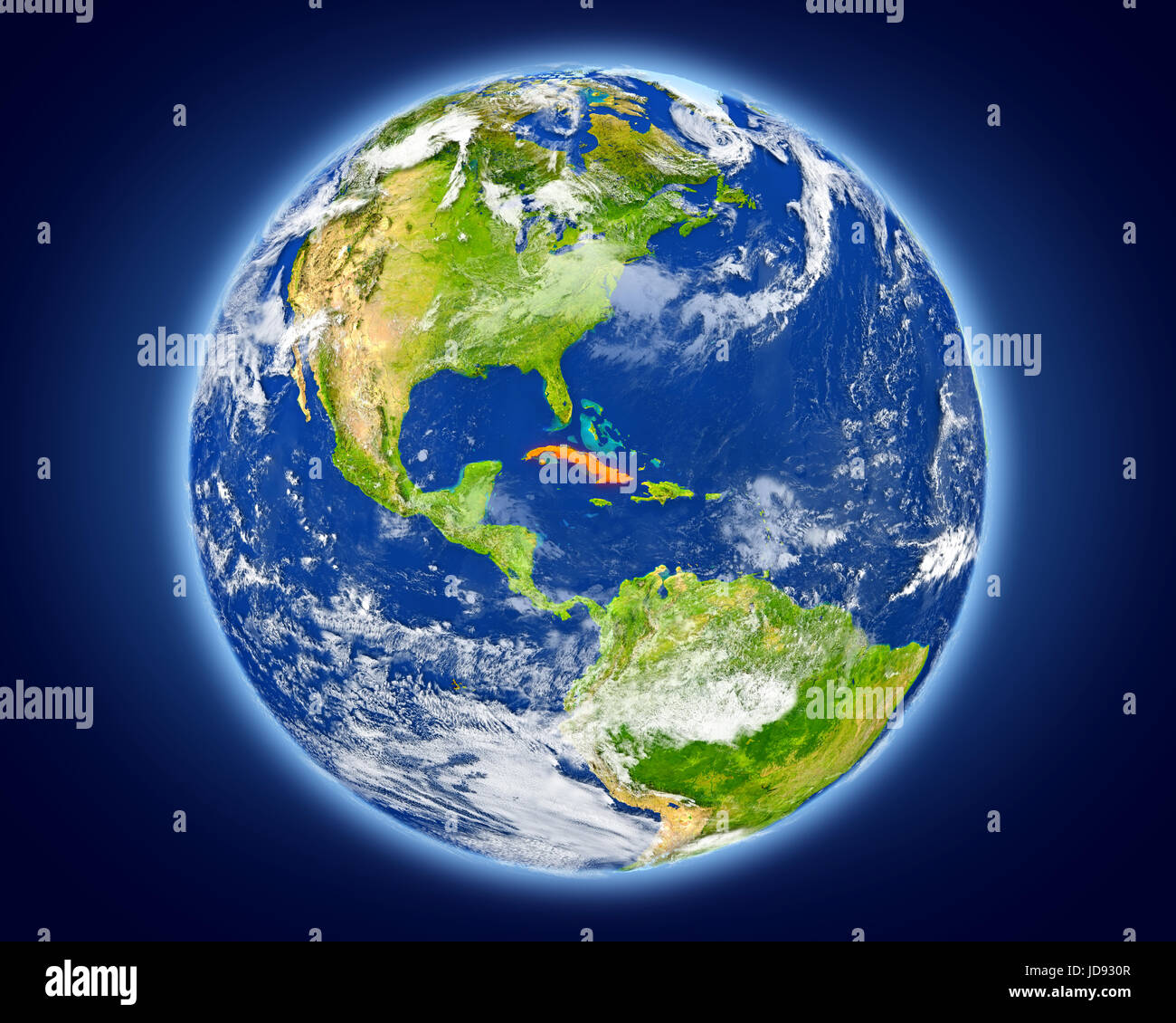 Cuba highlighted in red on planet Earth. 3D illustration with detailed ...