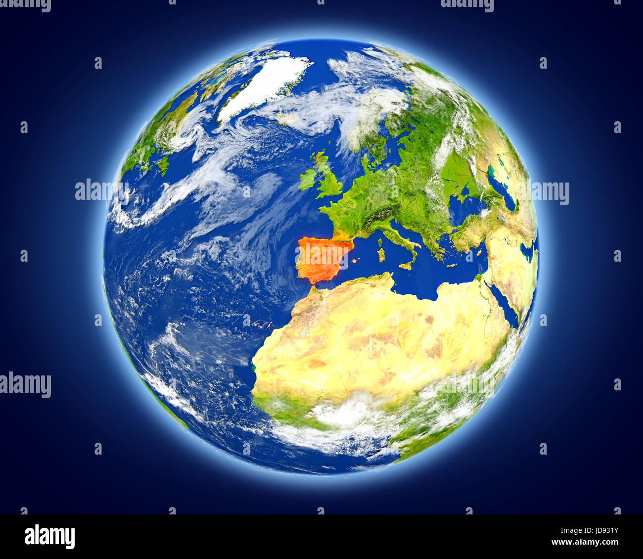 Spain highlighted in red on planet Earth. 3D illustration with detailed ...