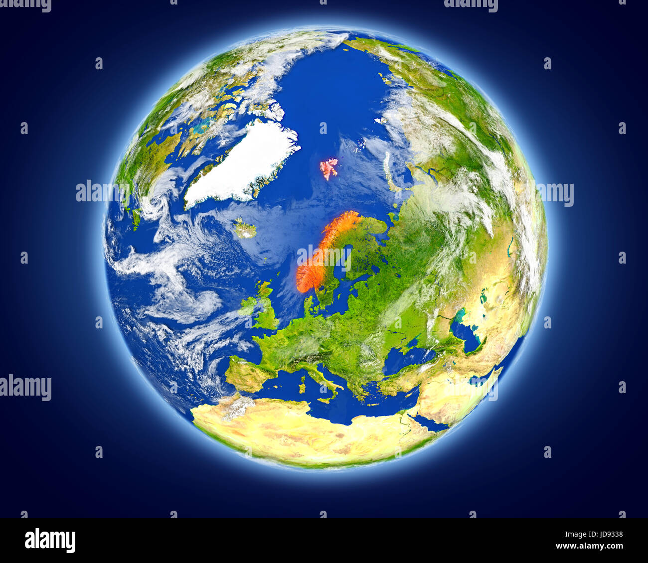 Norway highlighted in red on planet Earth. 3D illustration with detailed planet surface ...