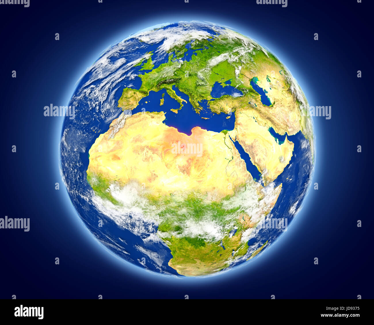 Libya highlighted in red on planet Earth. 3D illustration with detailed ...
