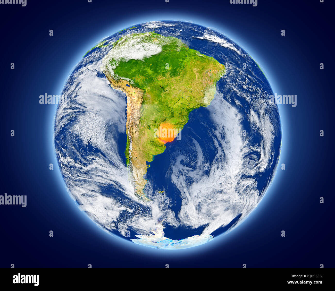 Uruguay highlighted in red on planet Earth. 3D illustration with ...
