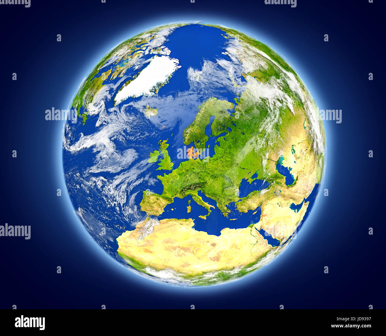 Denmark highlighted in red on planet Earth. 3D illustration with detailed planet surface ...