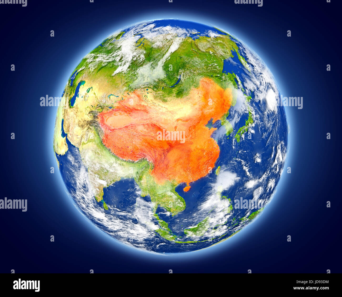 China highlighted in red on planet Earth. 3D illustration with detailed ...