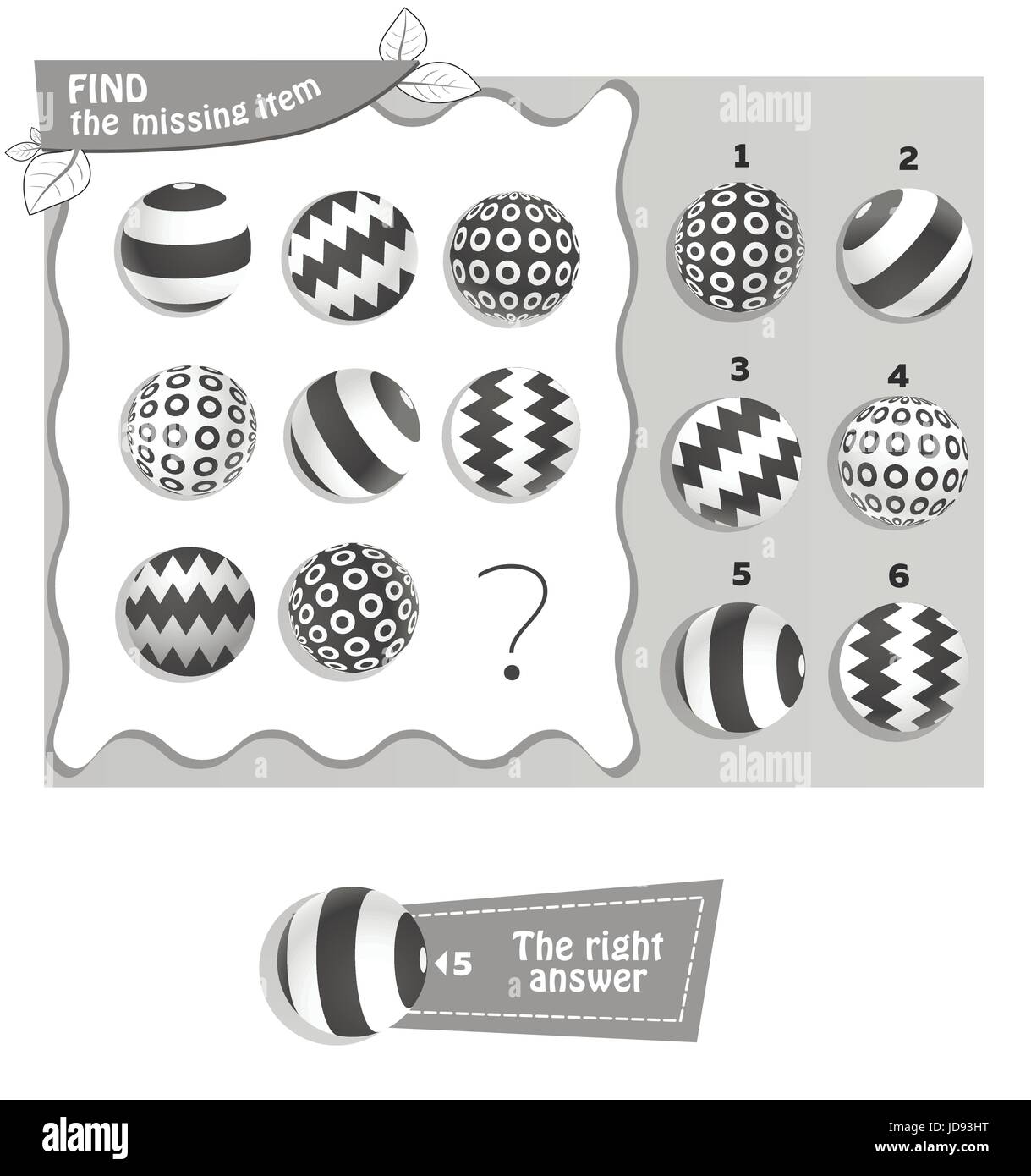 Visual Game for children summer. Task: find the missing item. Black and ...