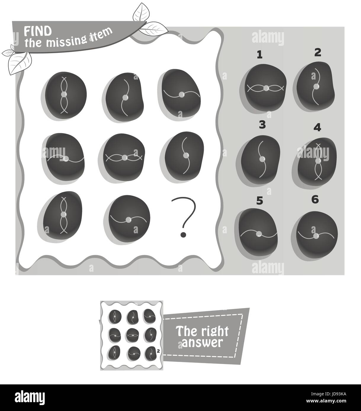 Visual Game for children summer. Task: find the missing item. Black and ...