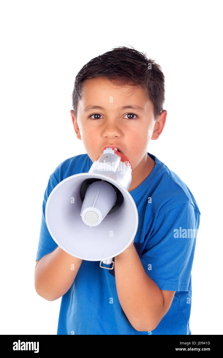 Child shouting through a megaphone isolated on white background Stock ...
