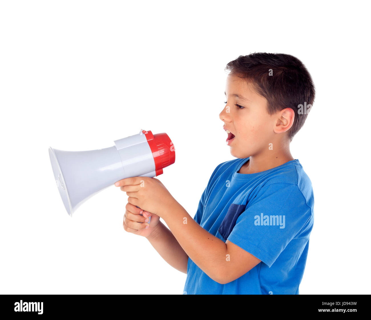 Child shouting through a megaphone isolated on white background Stock ...