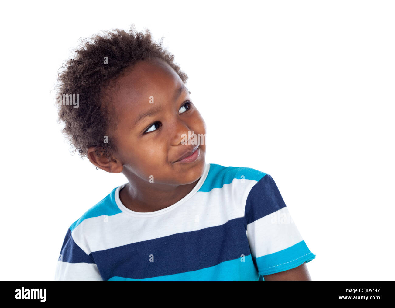 Adorable afroamerican child looking up isolated on a white background ...