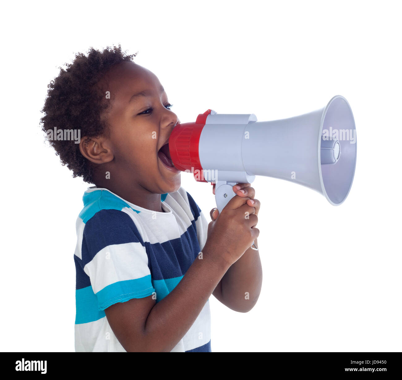 Small boy shouting through a megaphone isolated on white background ...